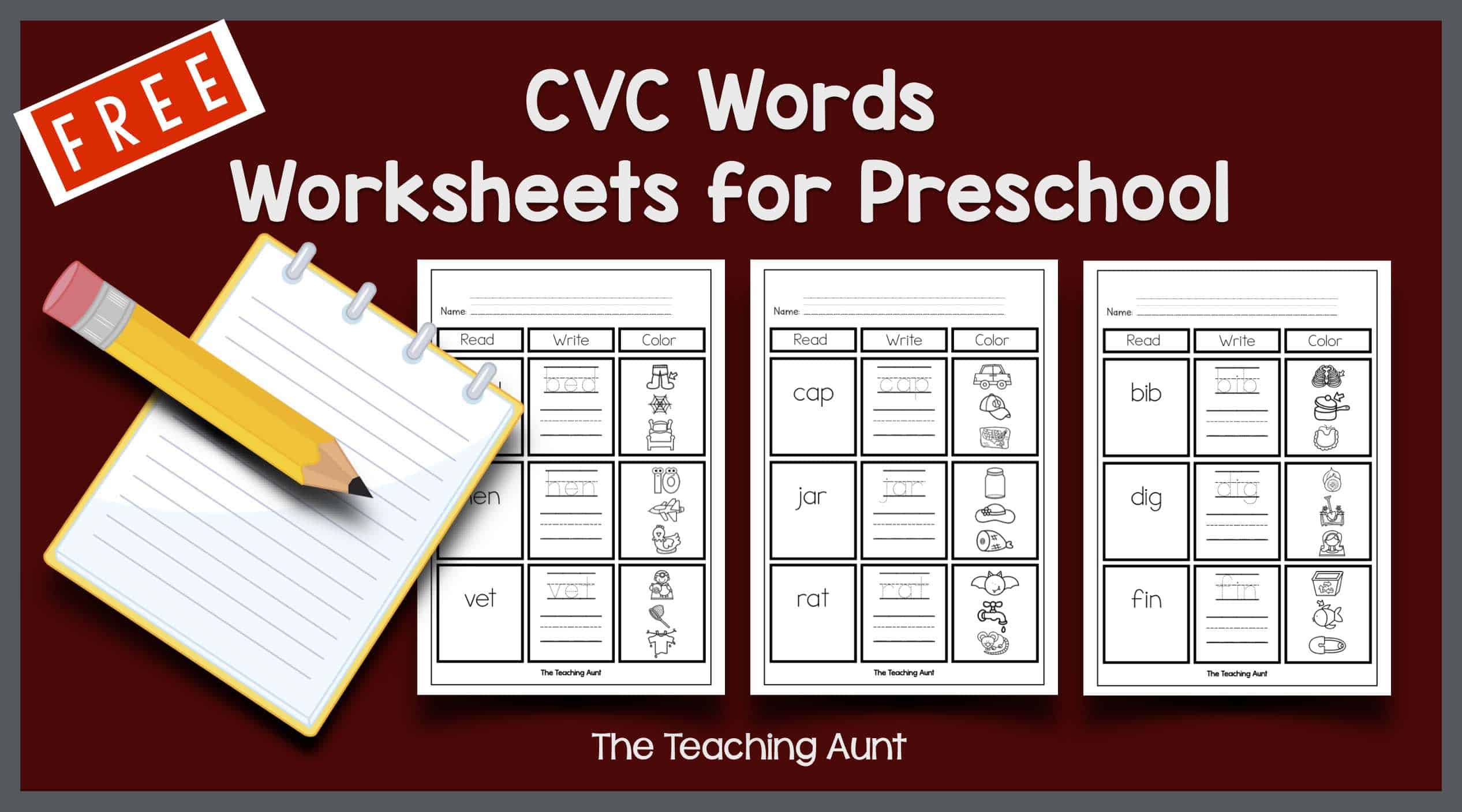 Free CVC Words Worksheets For Preschool The Teaching Aunt Free CVC Words Worksheets For Preschool The Teaching Aunt