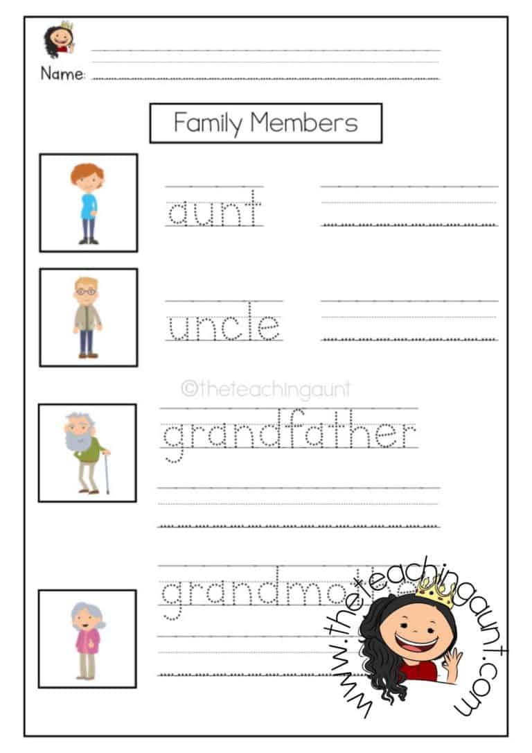 Free Family Members Tracing and Writing Worksheets - The Teaching Aunt
