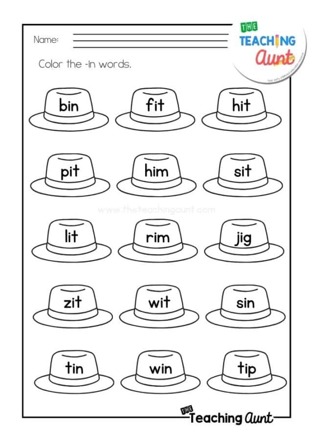 IN Word Family Worksheets - The Teaching Aunt