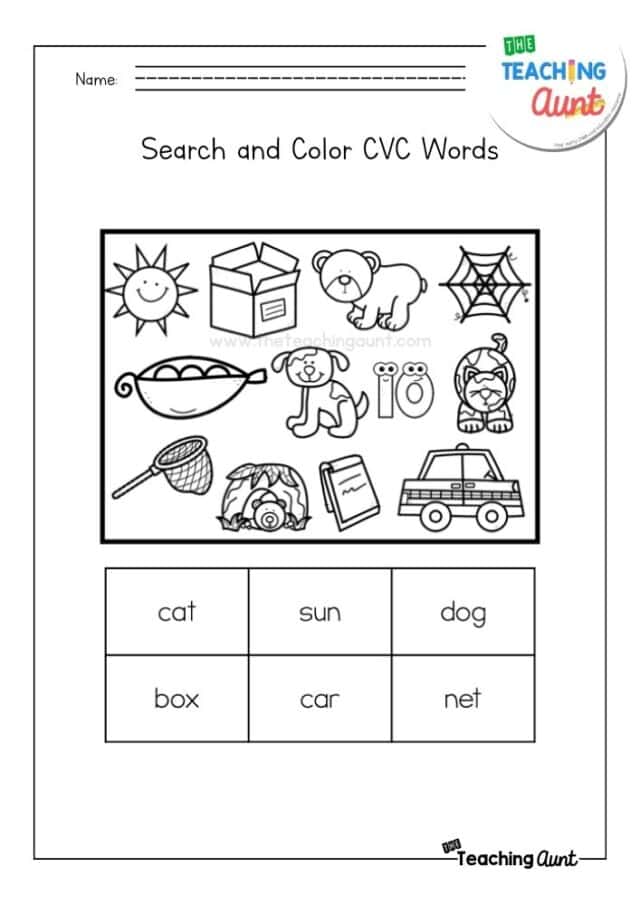 Search and Color CVC Words Worksheets - The Teaching Aunt